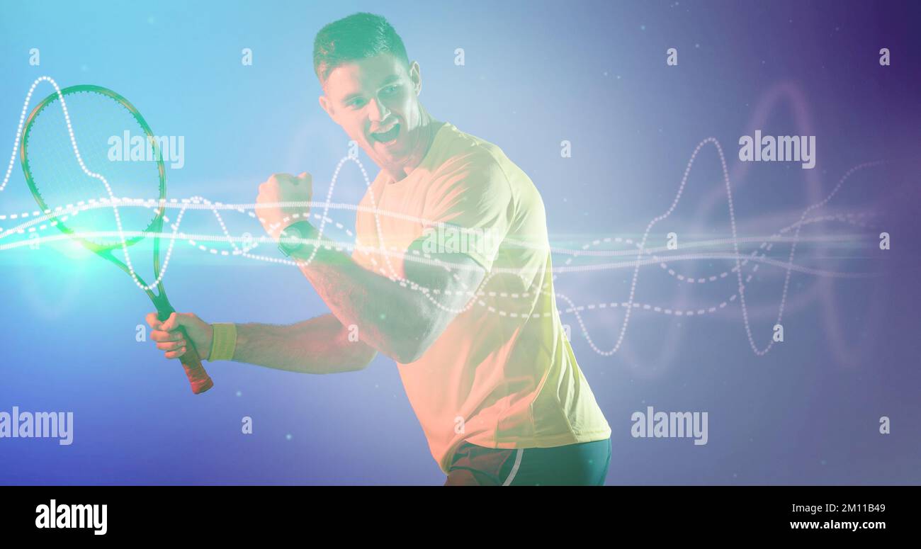 Composite of young caucasian tennis player celebrating success with ...