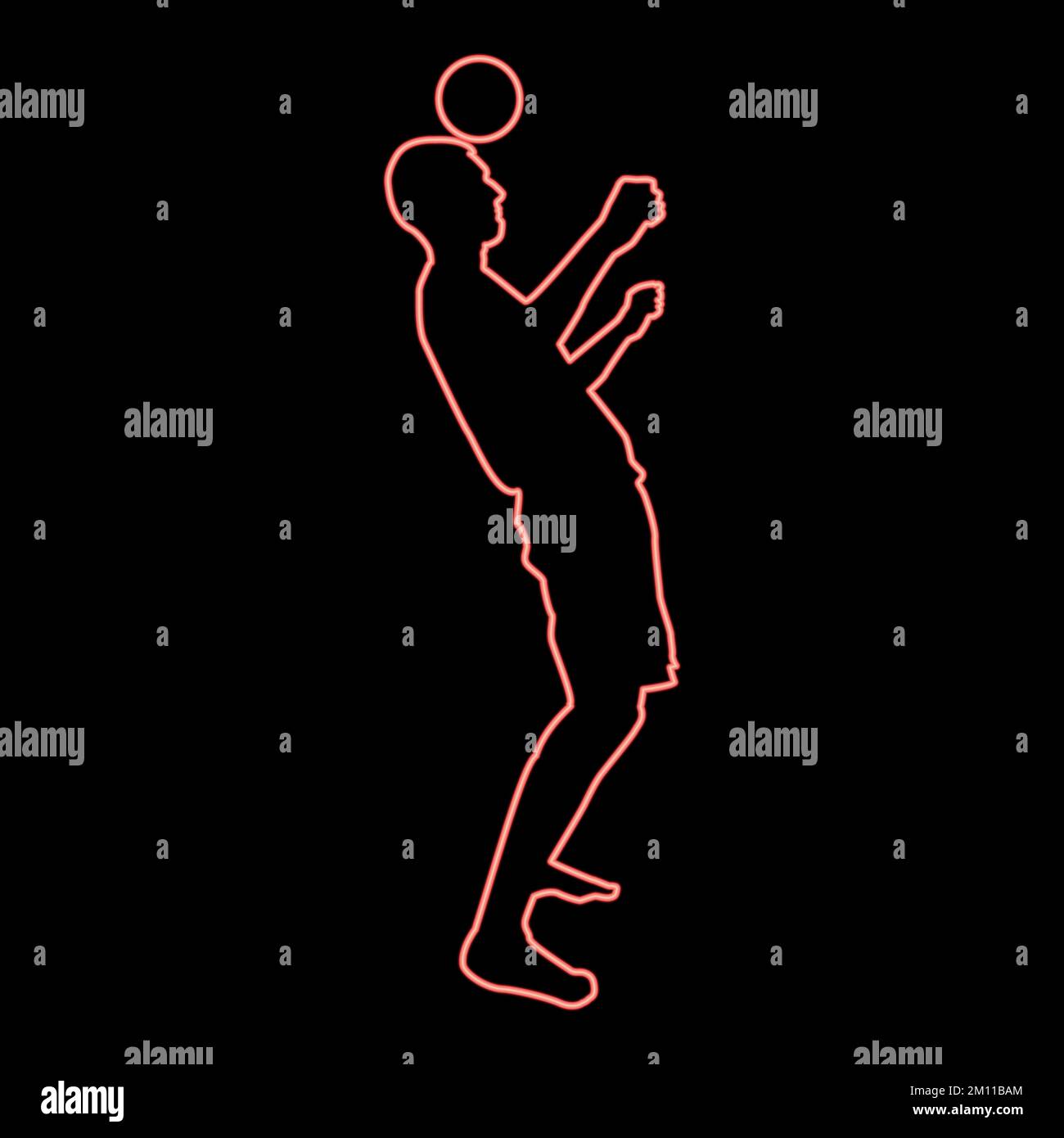 Neon man kicks the ball on head. Soccer player taps ball with his head ...