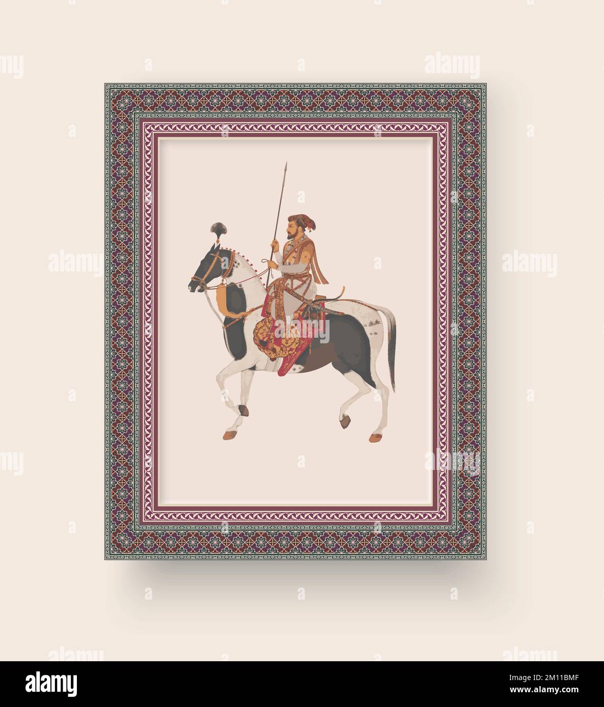 Traditional Mughal emperor riding horse vector illustration frame ...