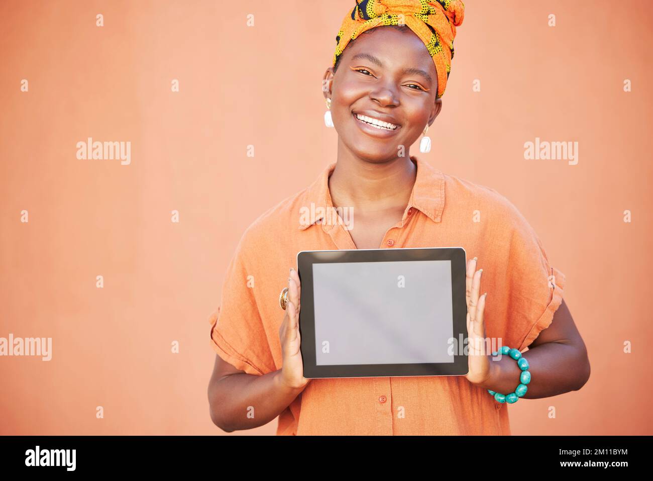Tablet, portrait or black woman with mockup screen for branding ...