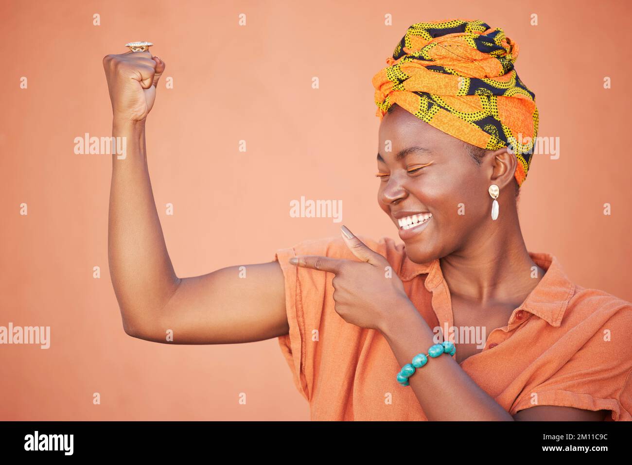 Power, strong and arm flex with black woman for leadership, gender ...