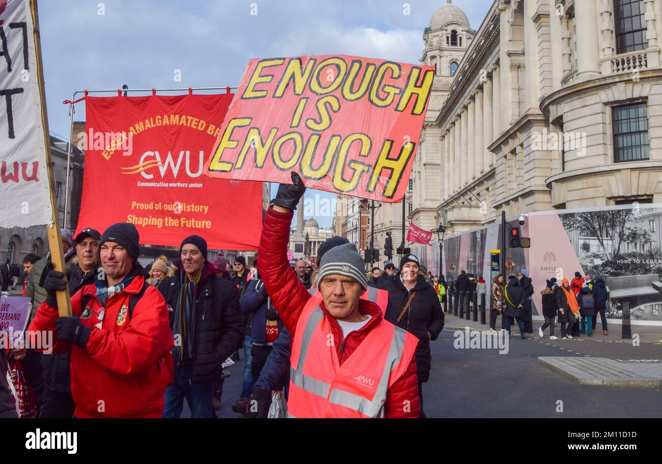 London, England, UK. 9th Dec, 2022. Protesters march in Whitehall ...