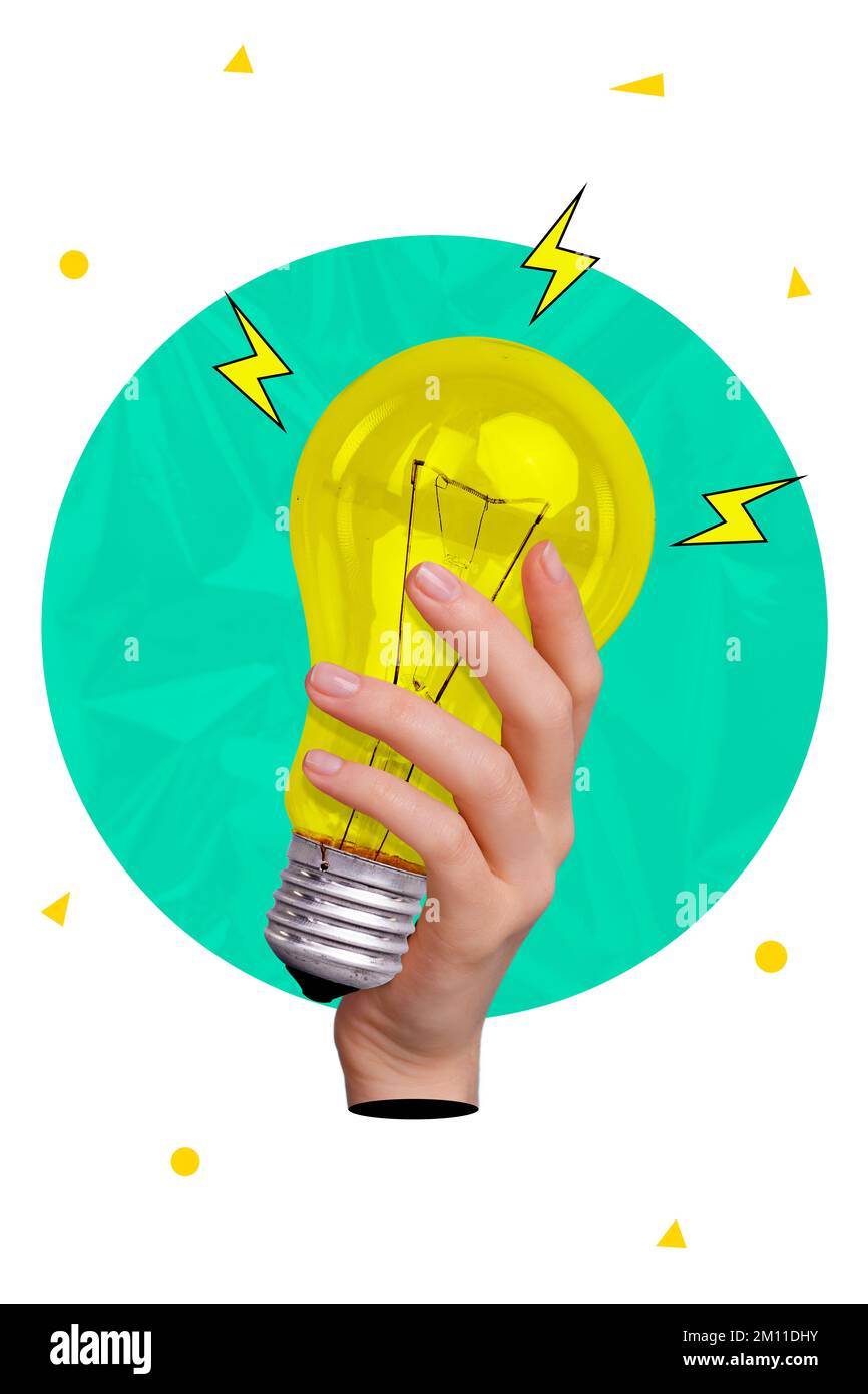 Collage photo banner of hand holding yellow lightbulb genius idea ...