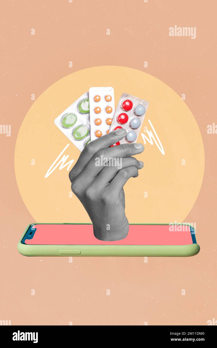 Vertical collage picture of telephone screen black white gamma hand ...