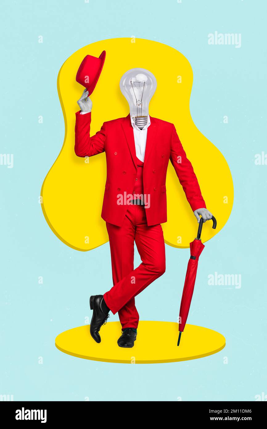 Vertical collage picture of dandy man wear red suit hand hold hat ...
