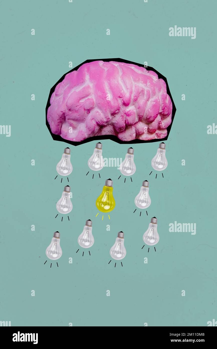 Vertical collage image of brain mini light bulbs rain bright creative ...