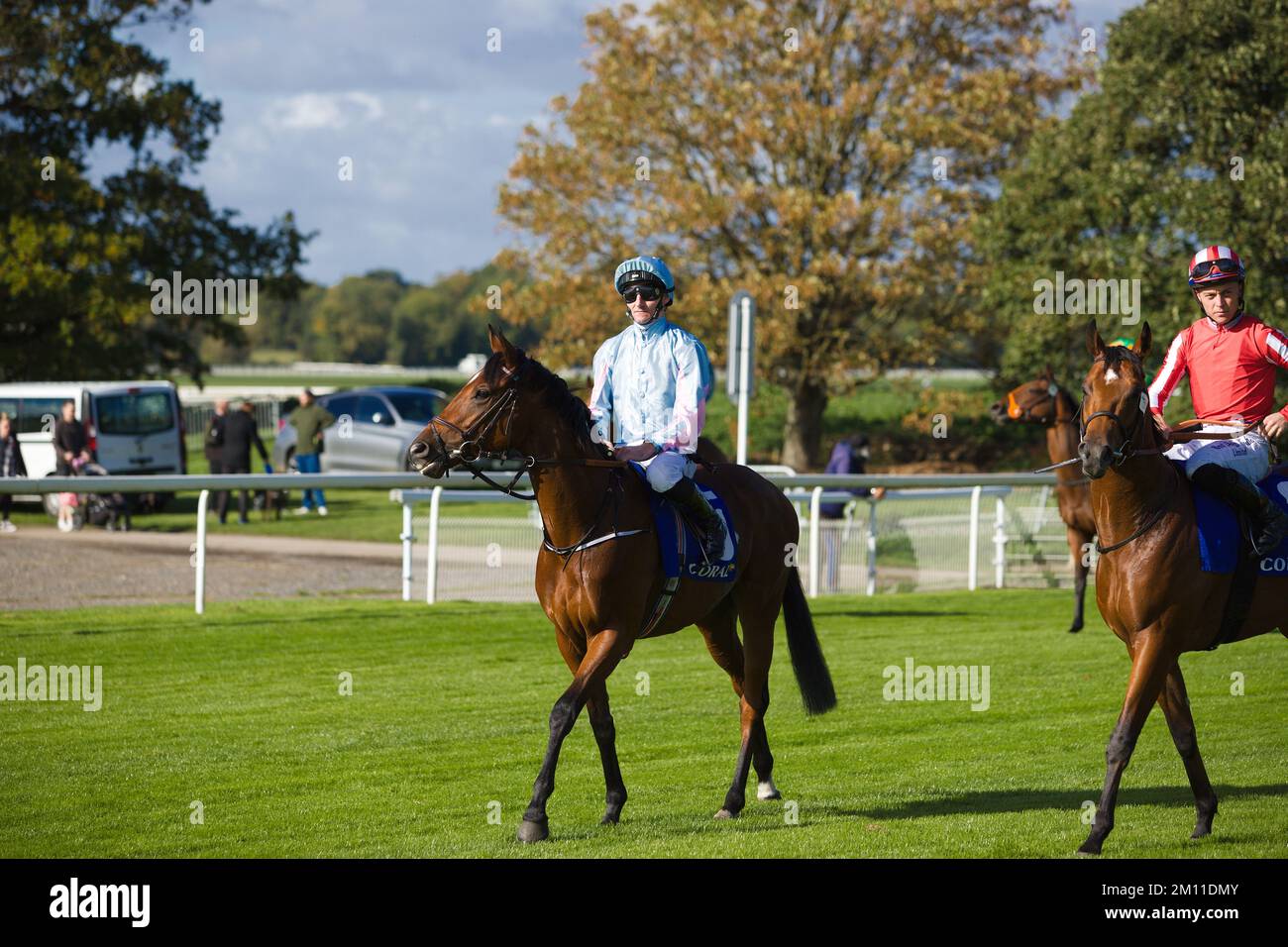 Left to right: Jockeys Daniel Tudhope on Kyeema and Ray Dawson on Bolt ...