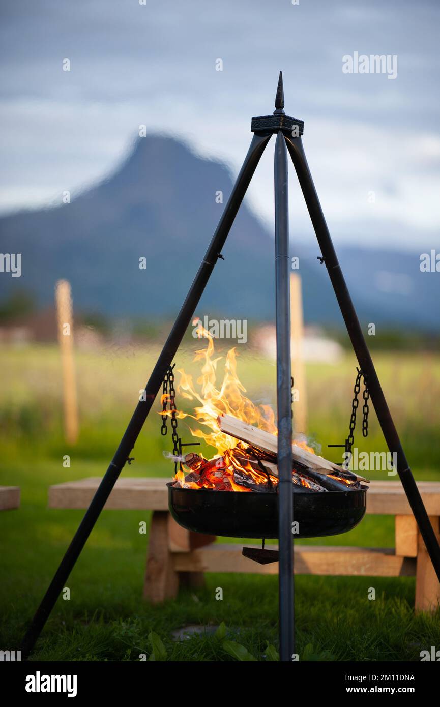The barbecue grill with smoke and flames on green grass Stock Photo - Alamy
