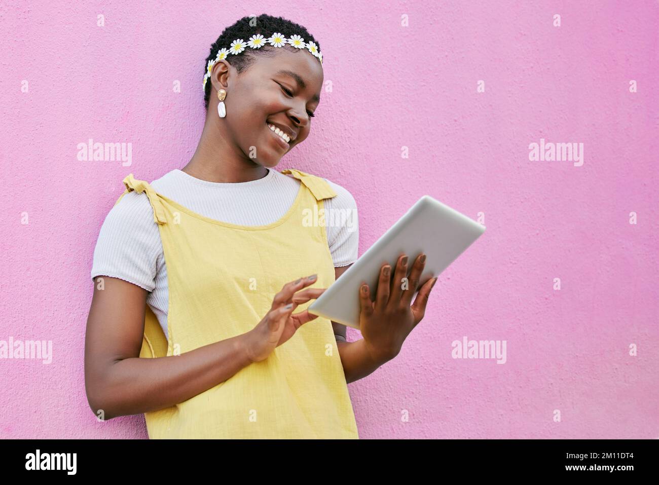 Black woman, tablet and smile of a person on social media with fashion ...
