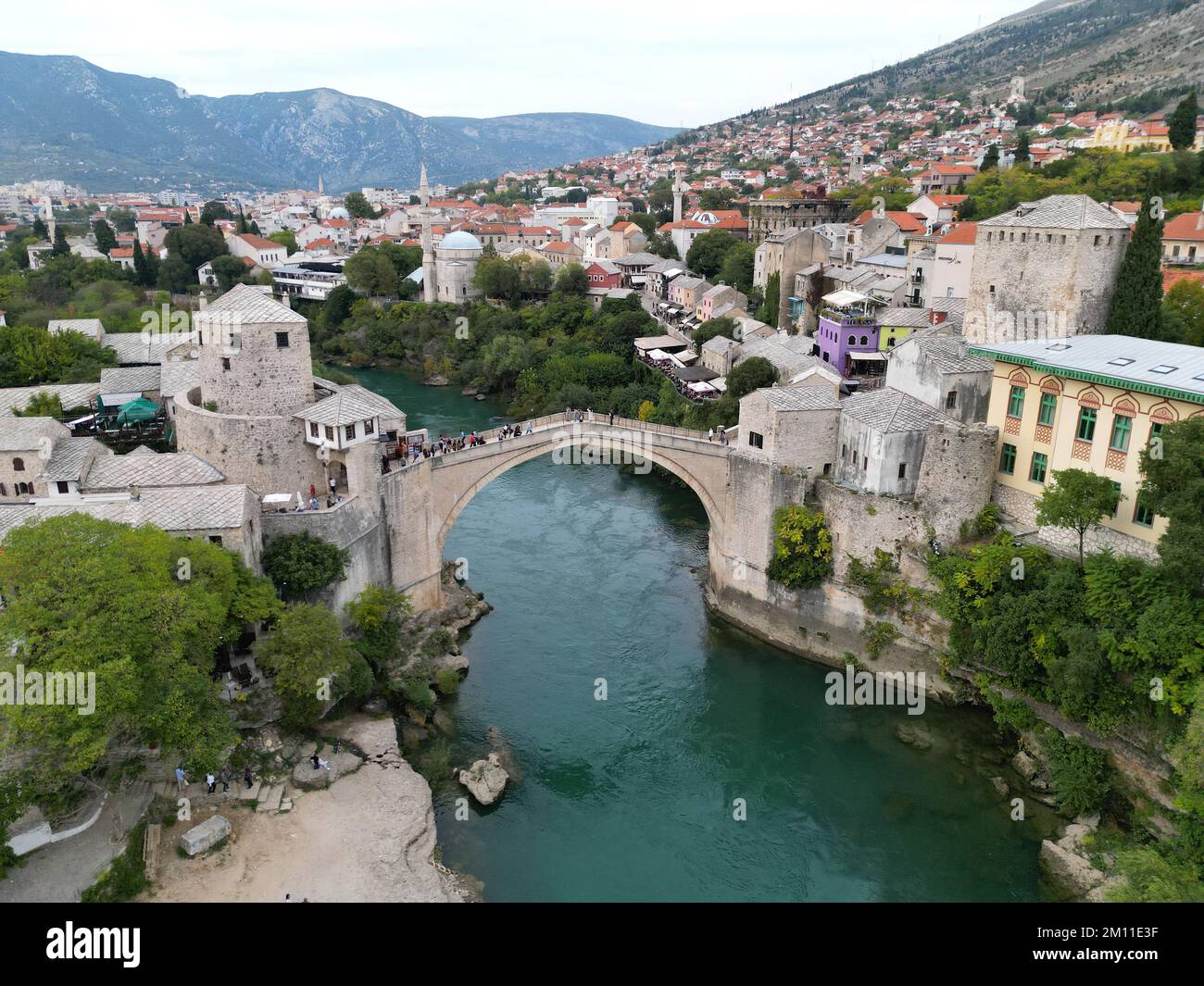 Mostar old bridge Bosnia and Herzegovina drone aerial view summer high ...