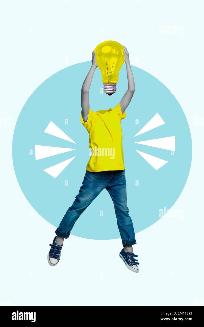Collage photo of young jumping air trampoline schoolboy hold head ...