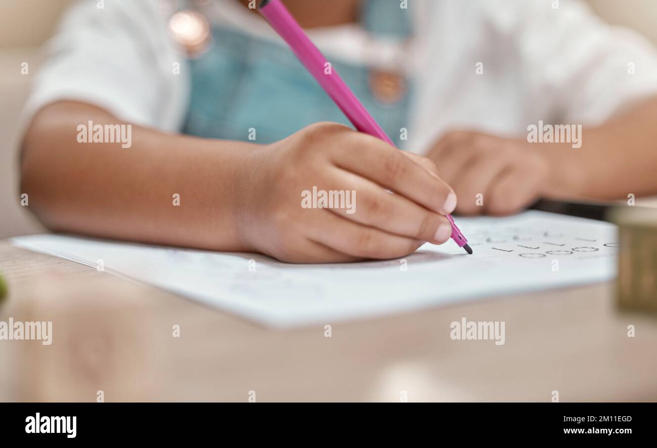 Child, drawing or hands writing on paper in kindergarten education for ...