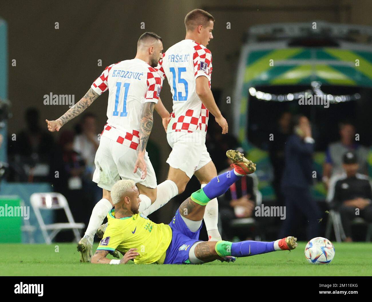 Al Rayyan, Qatar. 9th Dec, 2022. Neymar (front) of Brazil falls on the ...
