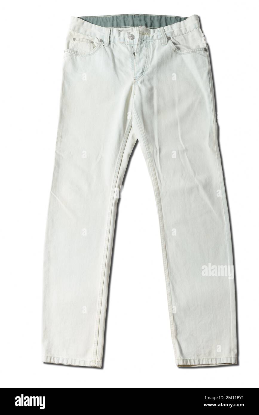 Ice blue colored jeans on a white background Stock Photo - Alamy