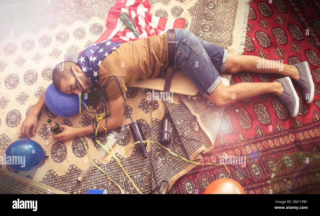 Party, drunk and sleeping man after new years, social or drinking ...