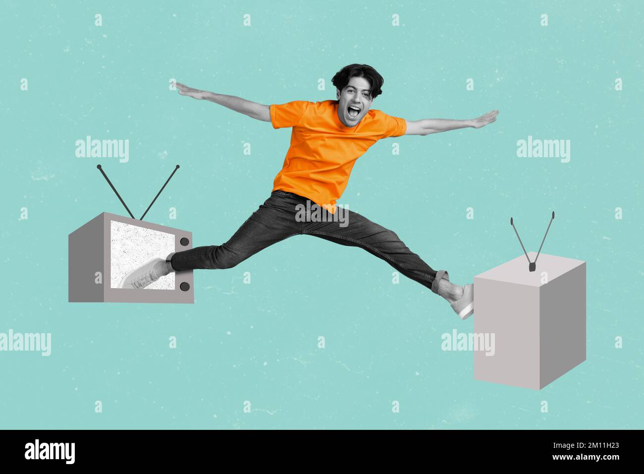 Composite collage picture of excited overjoyed guy jumping between two ...