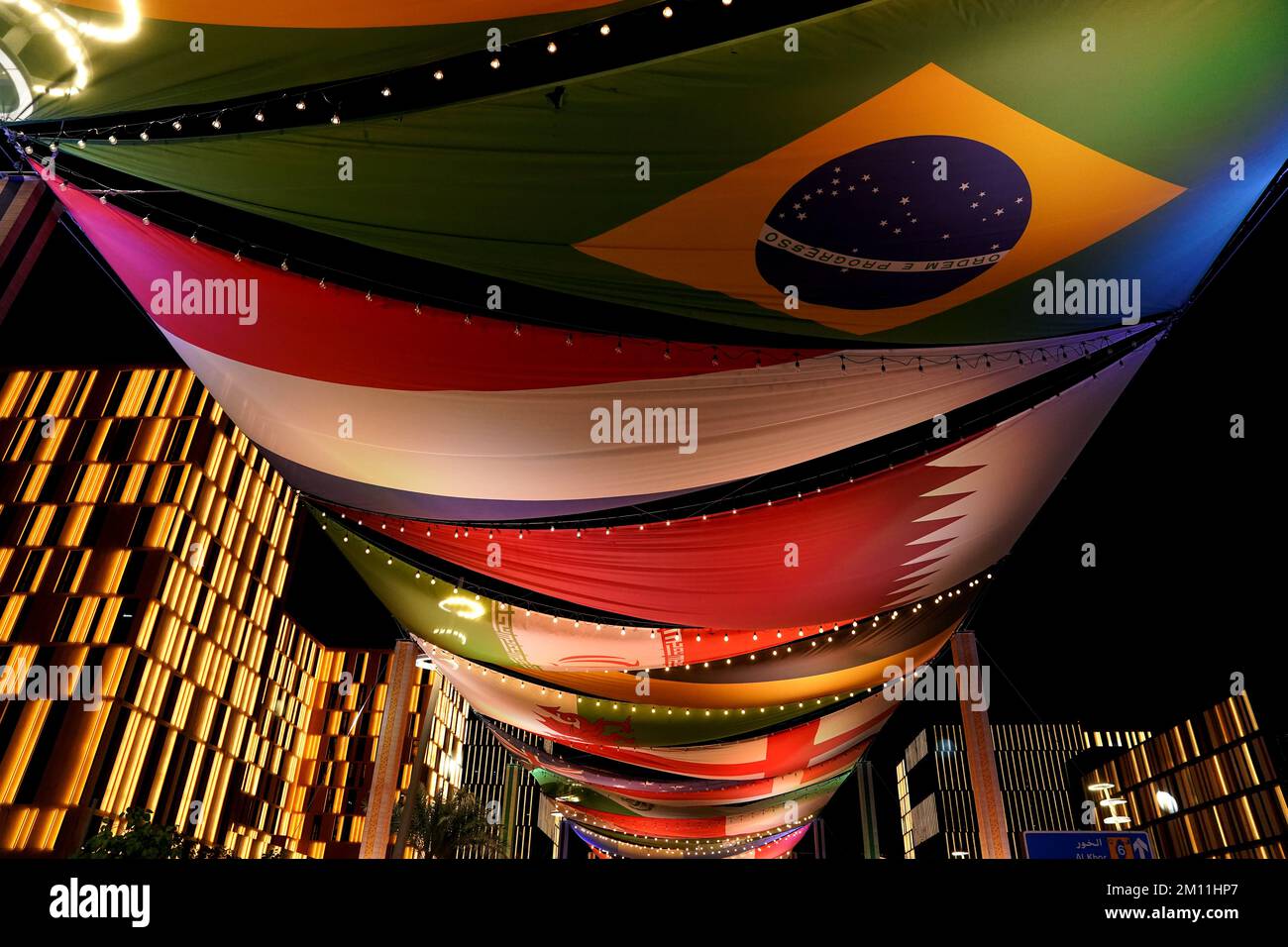 A general view of illuminated flags of competing World Cup nations ...