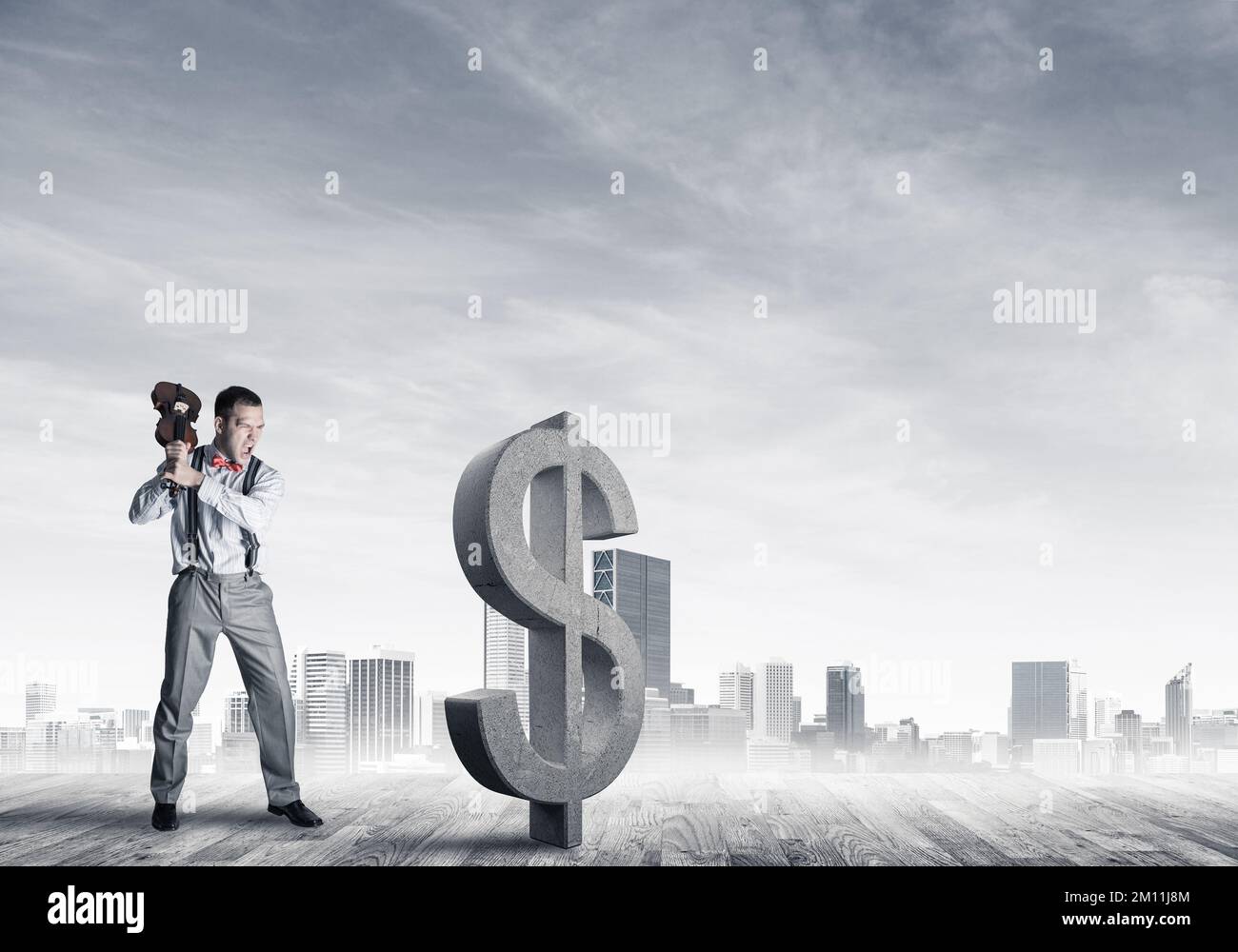 Determined banker man against modern cityscape breaking dollar concrete ...