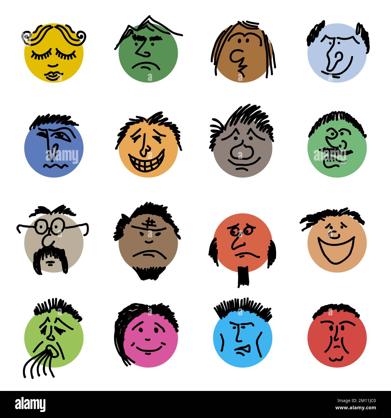 Colored doodle heads. Round comic faces with various emotions. Crayon ...
