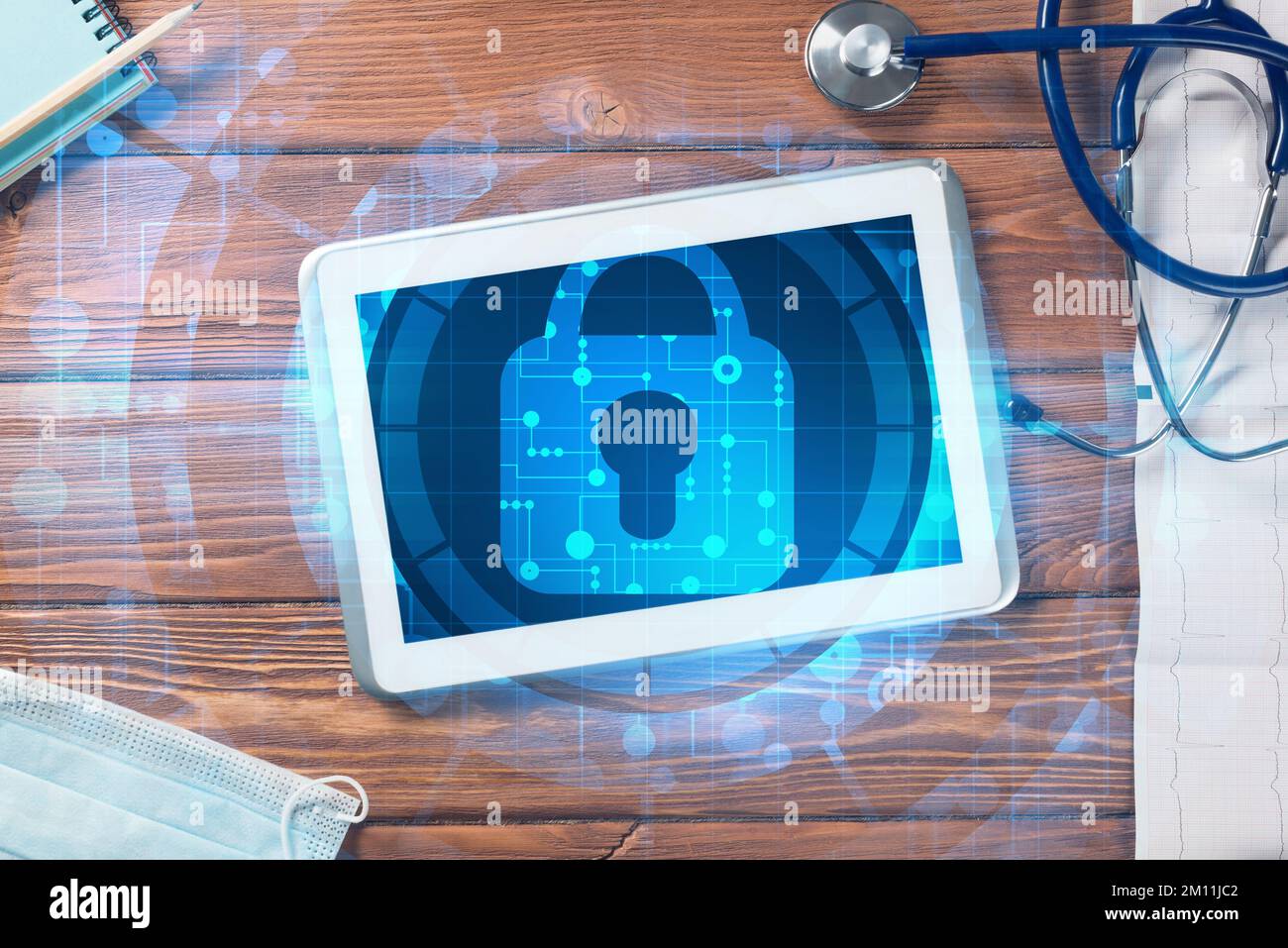 Top view of doctor workplace with tablet pc and medicine tools on ...