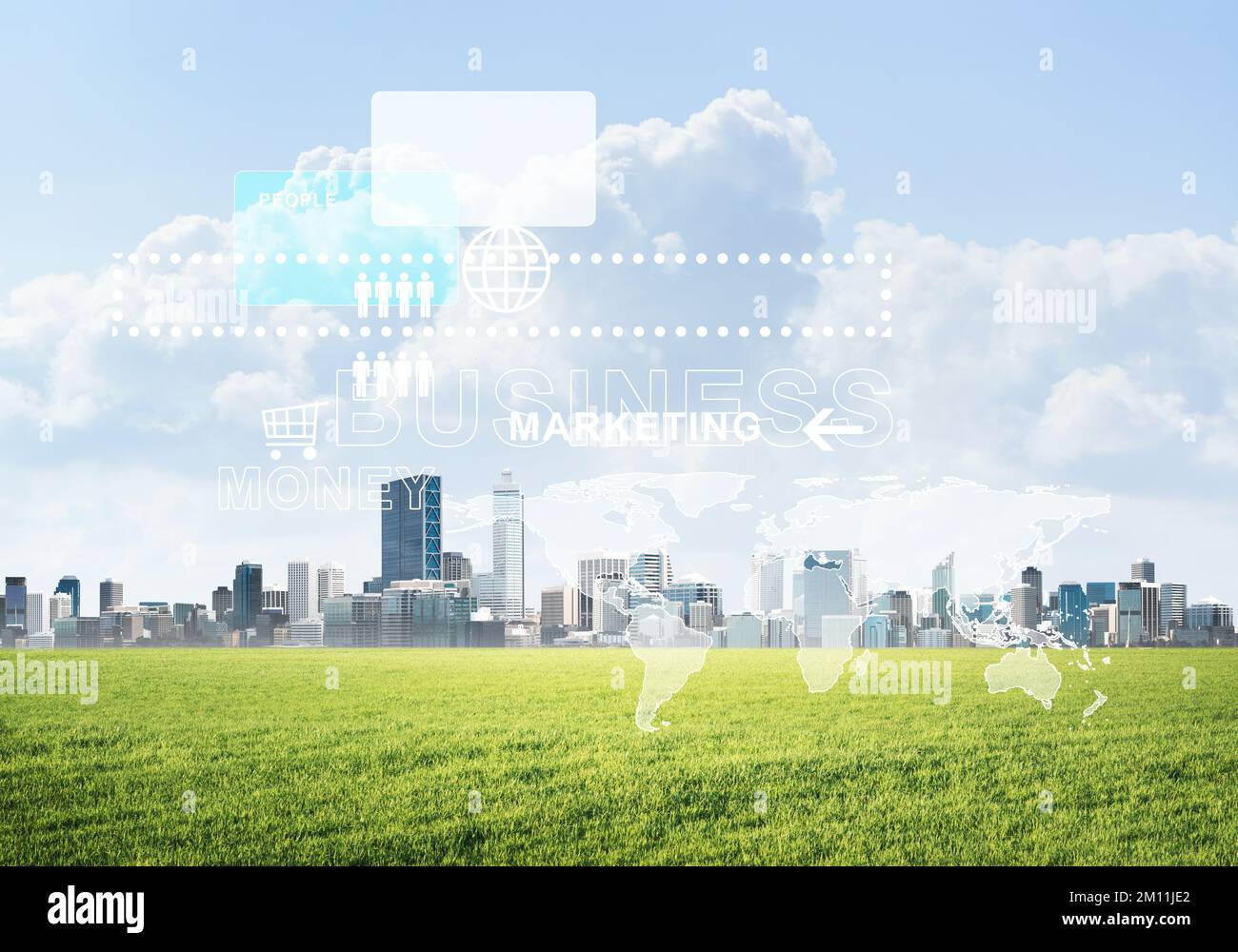 Natural background with modern cityscape green field and media ...