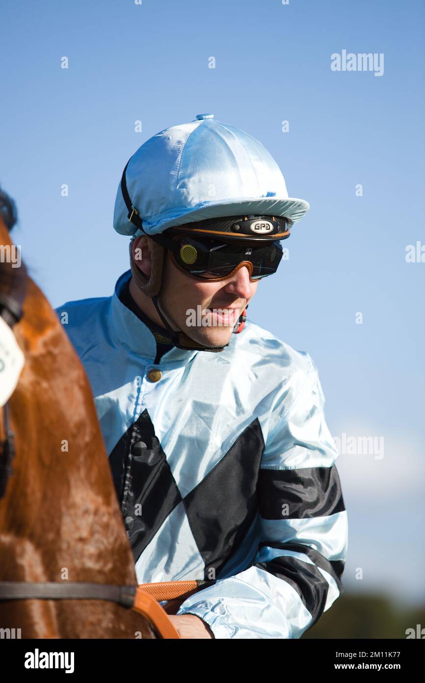 Jockey Kevin Stott waiting at the starting gates at York Races Stock ...