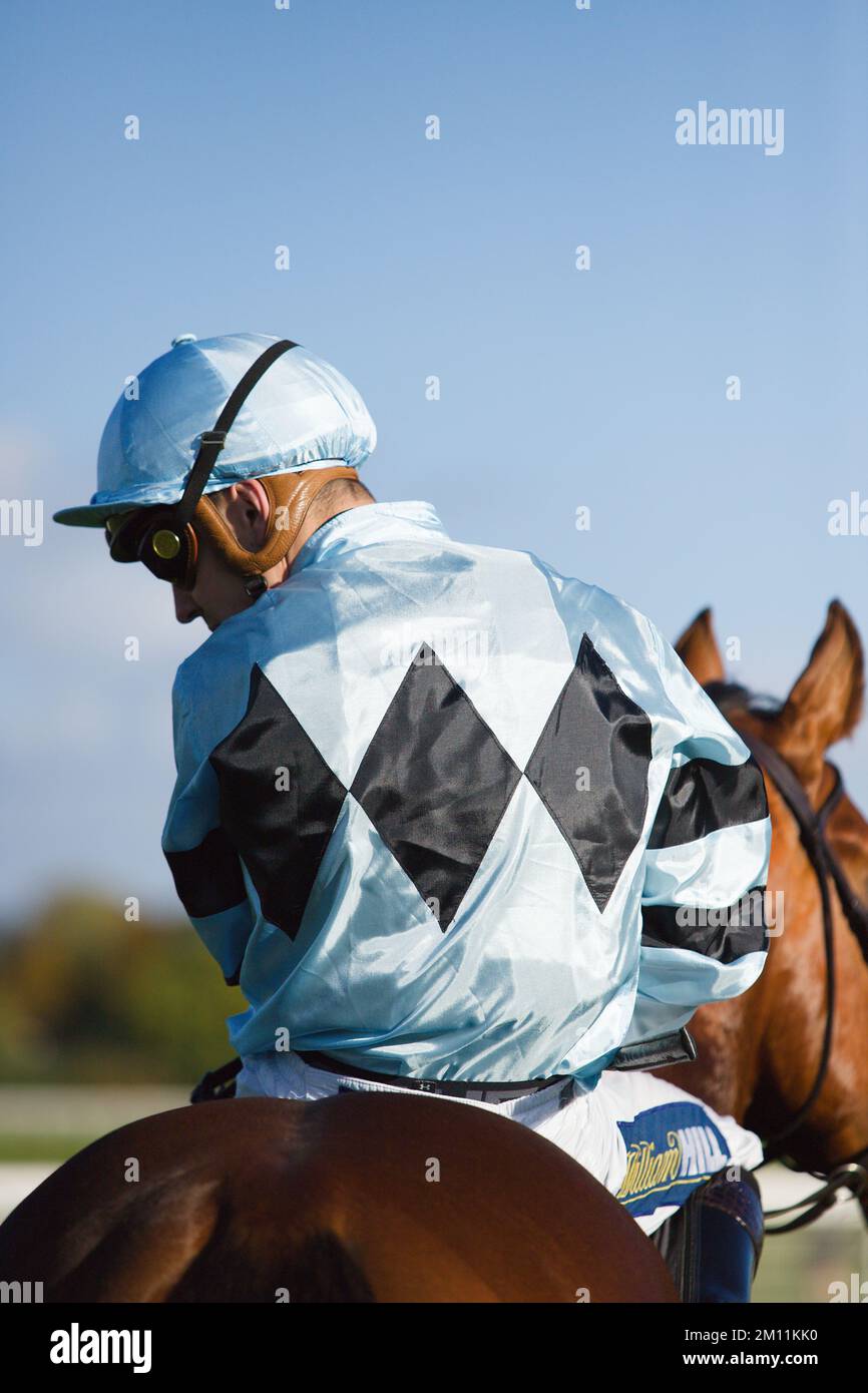Jockey Kevin Stott waiting at the starting gates at York Races Stock ...