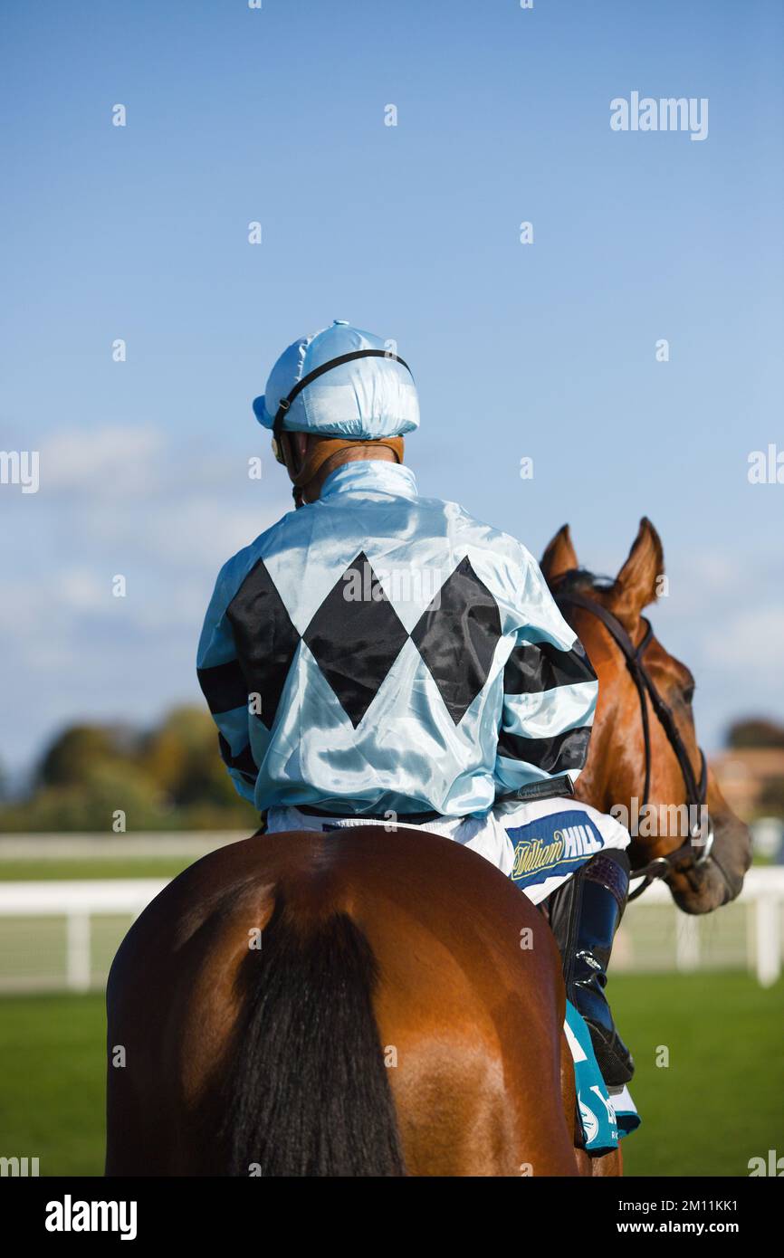 Jockey Kevin Stott waiting at the starting gates at York Races Stock ...