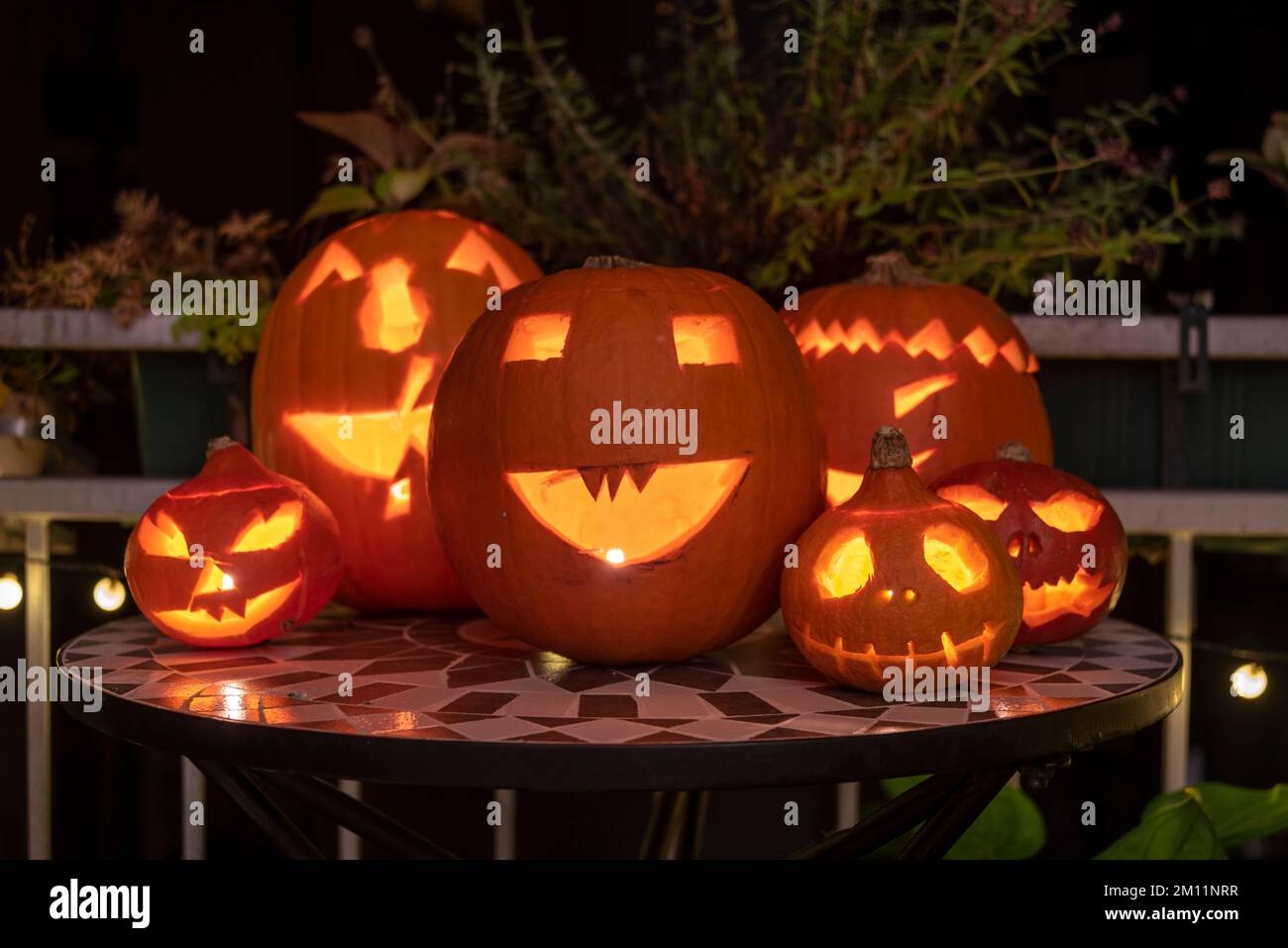 Carved pumpkins stand on a balcony on Halloween evening, Germany Stock ...