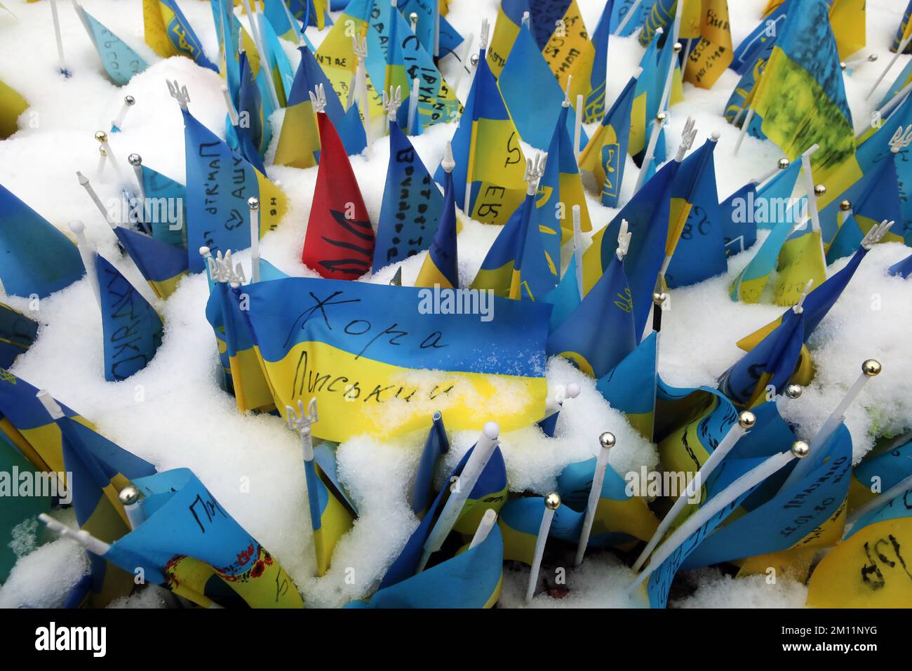 KYIV, UKRAINE - DECEMBER 9, 2022 - The miniature flags of Ukraine ...