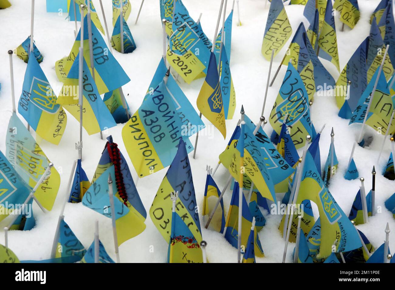 KYIV, UKRAINE - DECEMBER 9, 2022 - The miniature flags of Ukraine ...