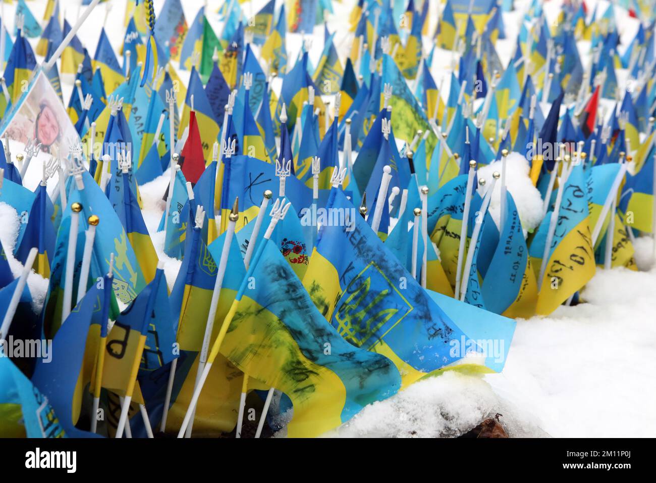 KYIV, UKRAINE - DECEMBER 9, 2022 - The miniature flags of Ukraine ...