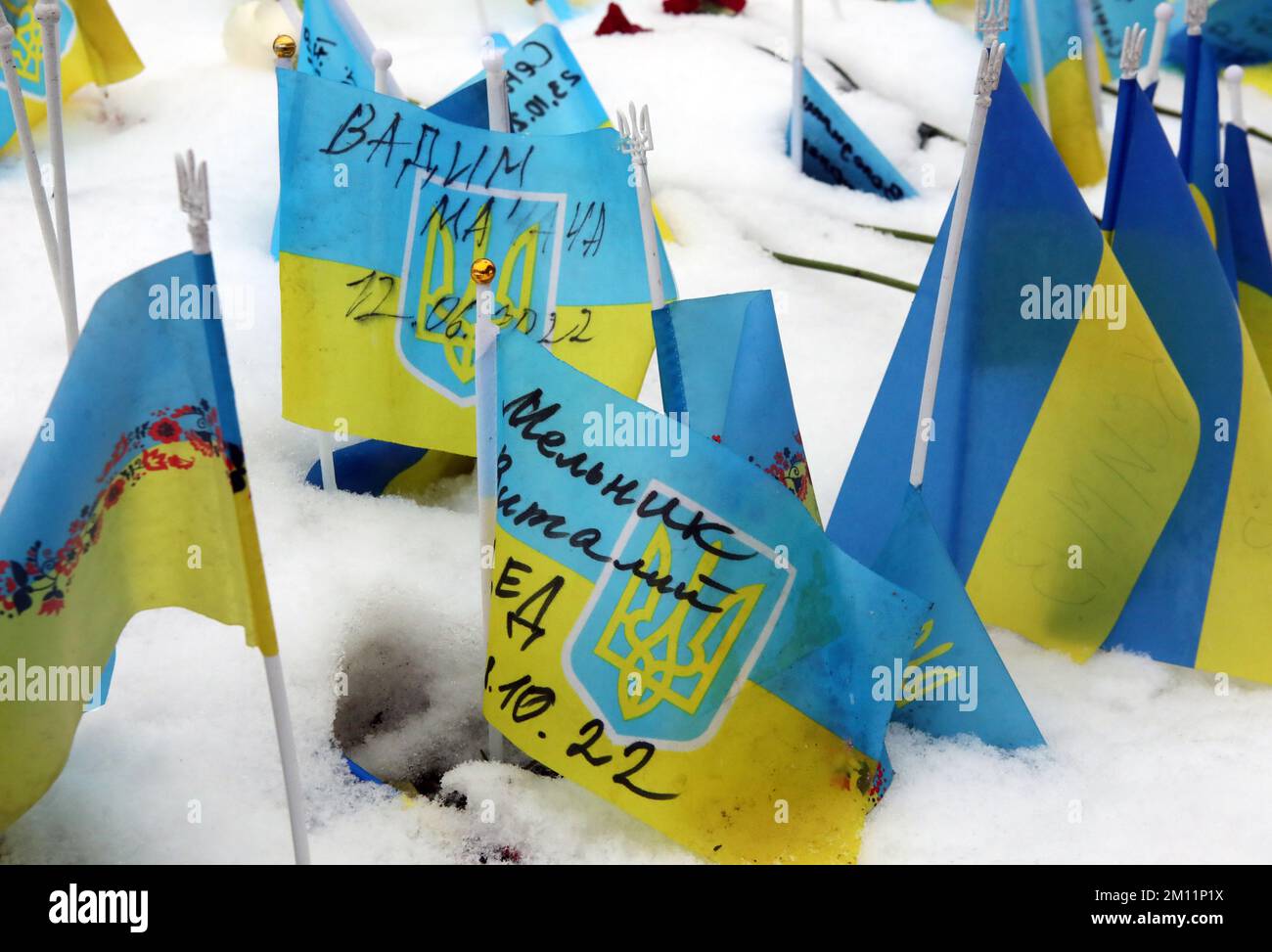 KYIV, UKRAINE - DECEMBER 9, 2022 - The miniature flags of Ukraine ...