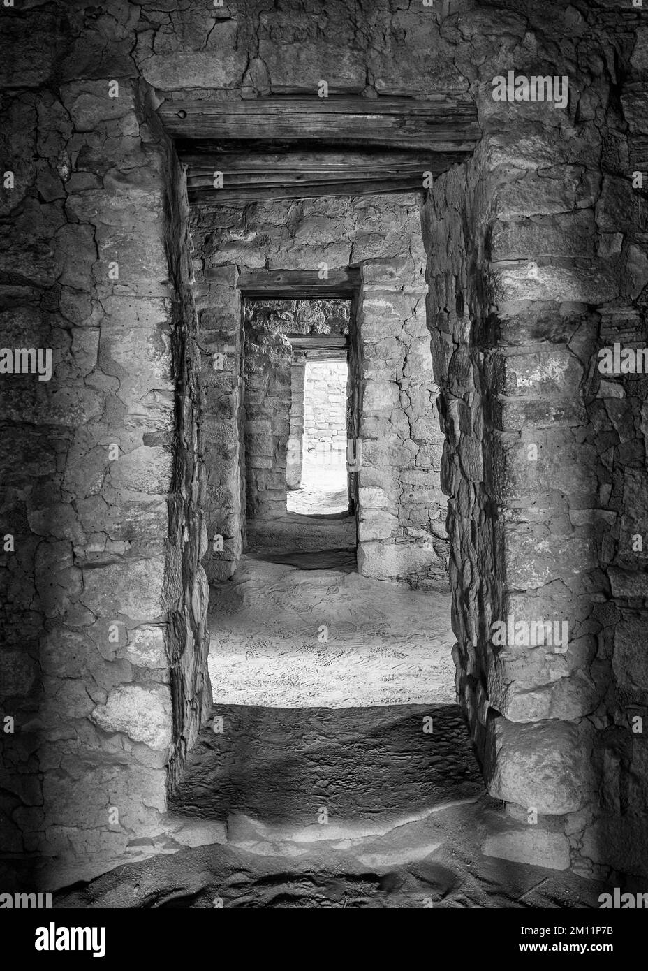 Corridor of doors of Pueblo Indian ruins at Aztec Ruins National ...