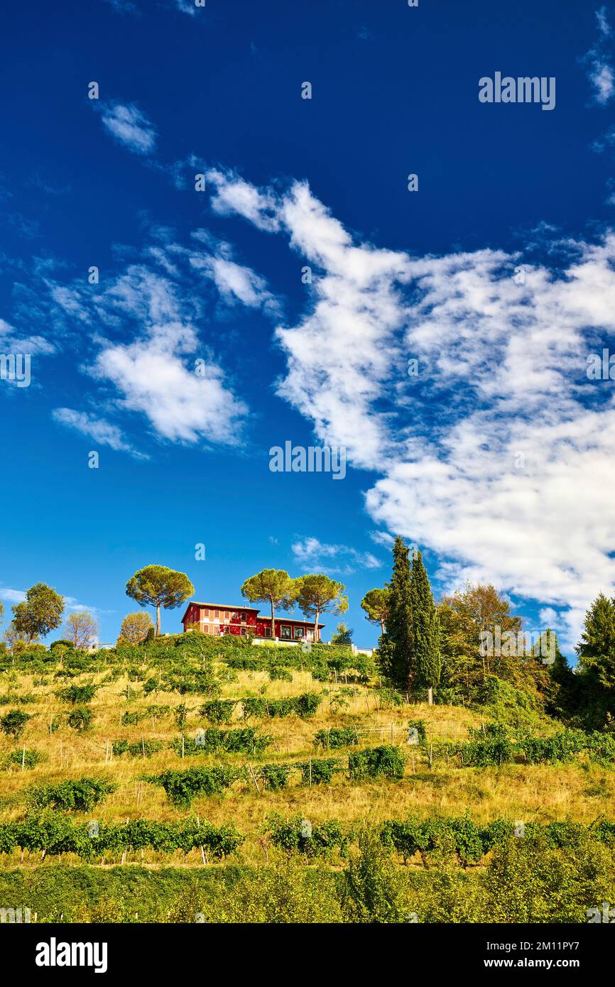 Red house on a hill in the middle of a beautiful landscape in Veneto ...