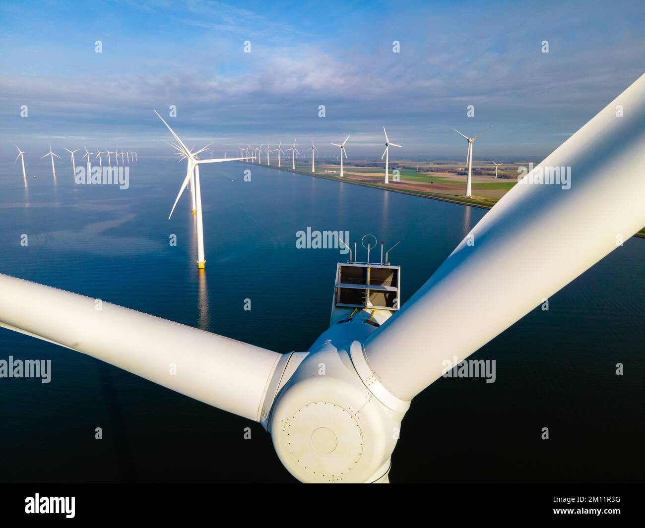 Aerial view at Windmill park with wind mill turbines generating ...