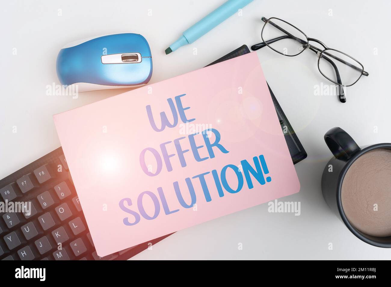 Hand writing sign We Offer Solution. Business concept give means of ...