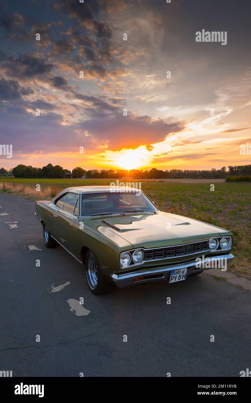 Plymouth Road Runner at sunset, year of construction 1968, muscle car ...