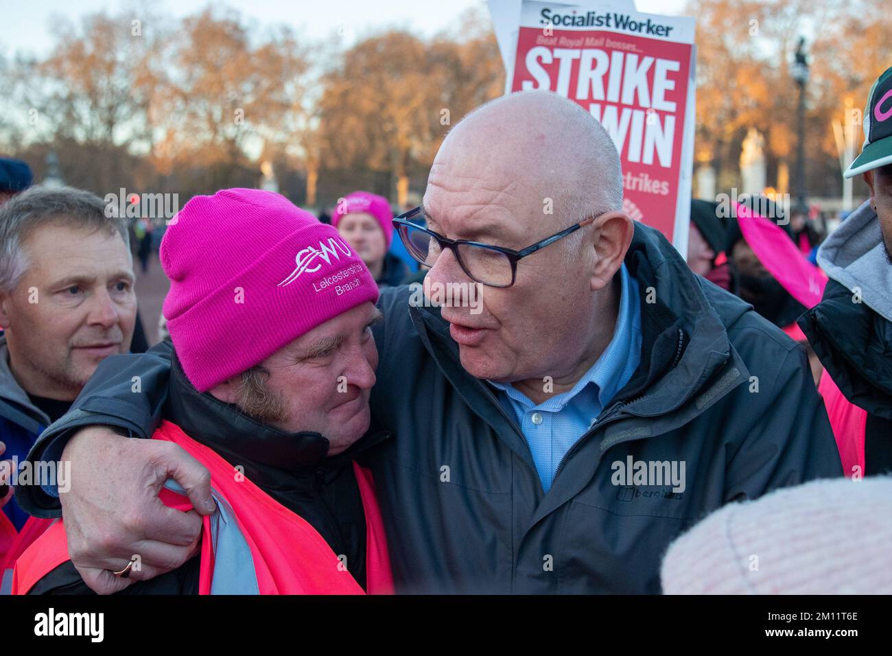 LONDON, 9th December, 2022. Dave Ward of CWU console emotional member ...