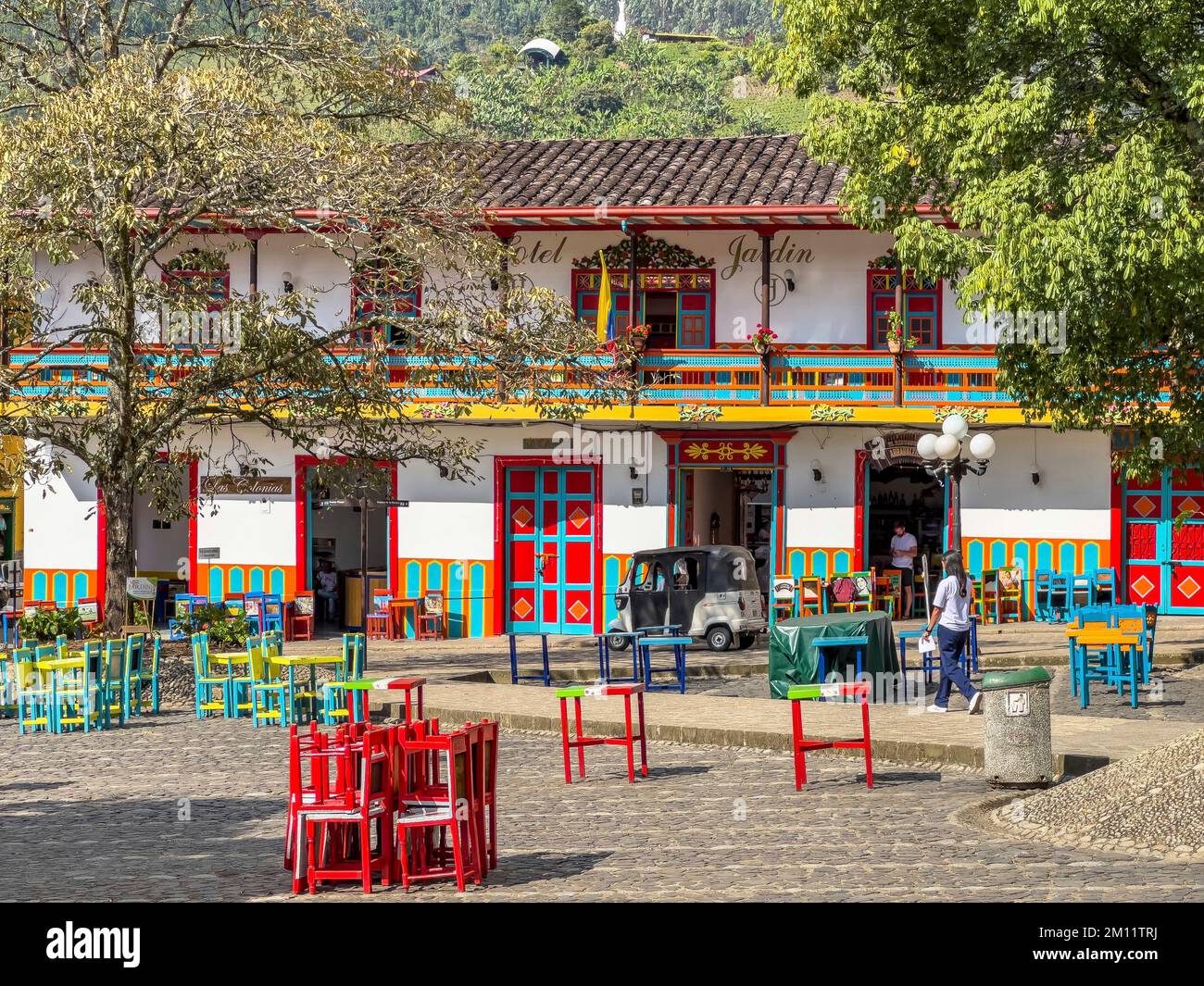 South America, Colombia, Departamento de Antioquia, Colombian Andes, Jardín, Colorful street ...