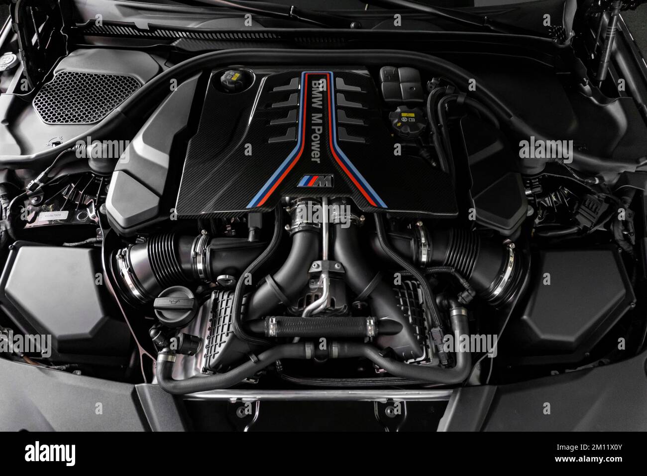 A closeup shot of the BMW M5 engine bay Stock Photo - Alamy