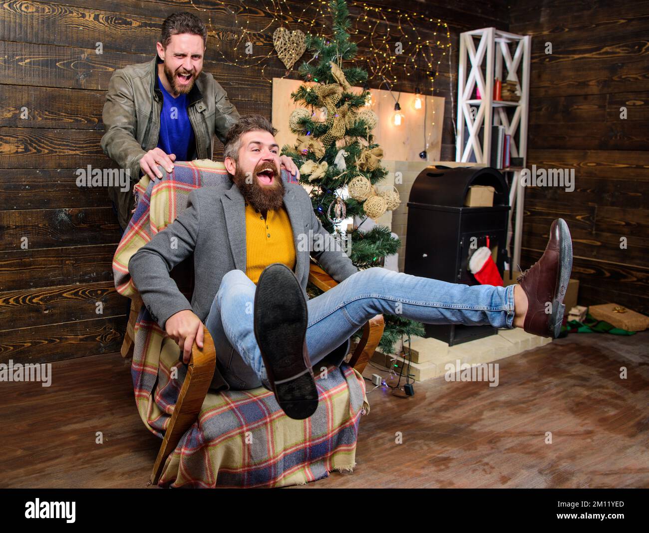Break into new year with fun. Best friend having fun on christmas eve ...