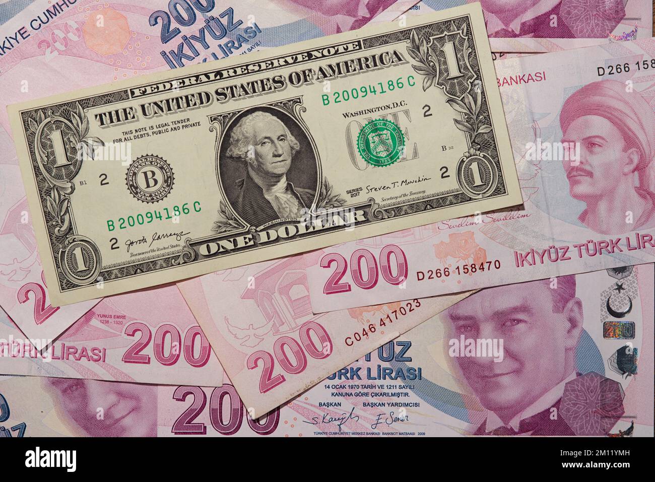 One dollar against the background of 100 lira banknotes of Turkey Stock ...
