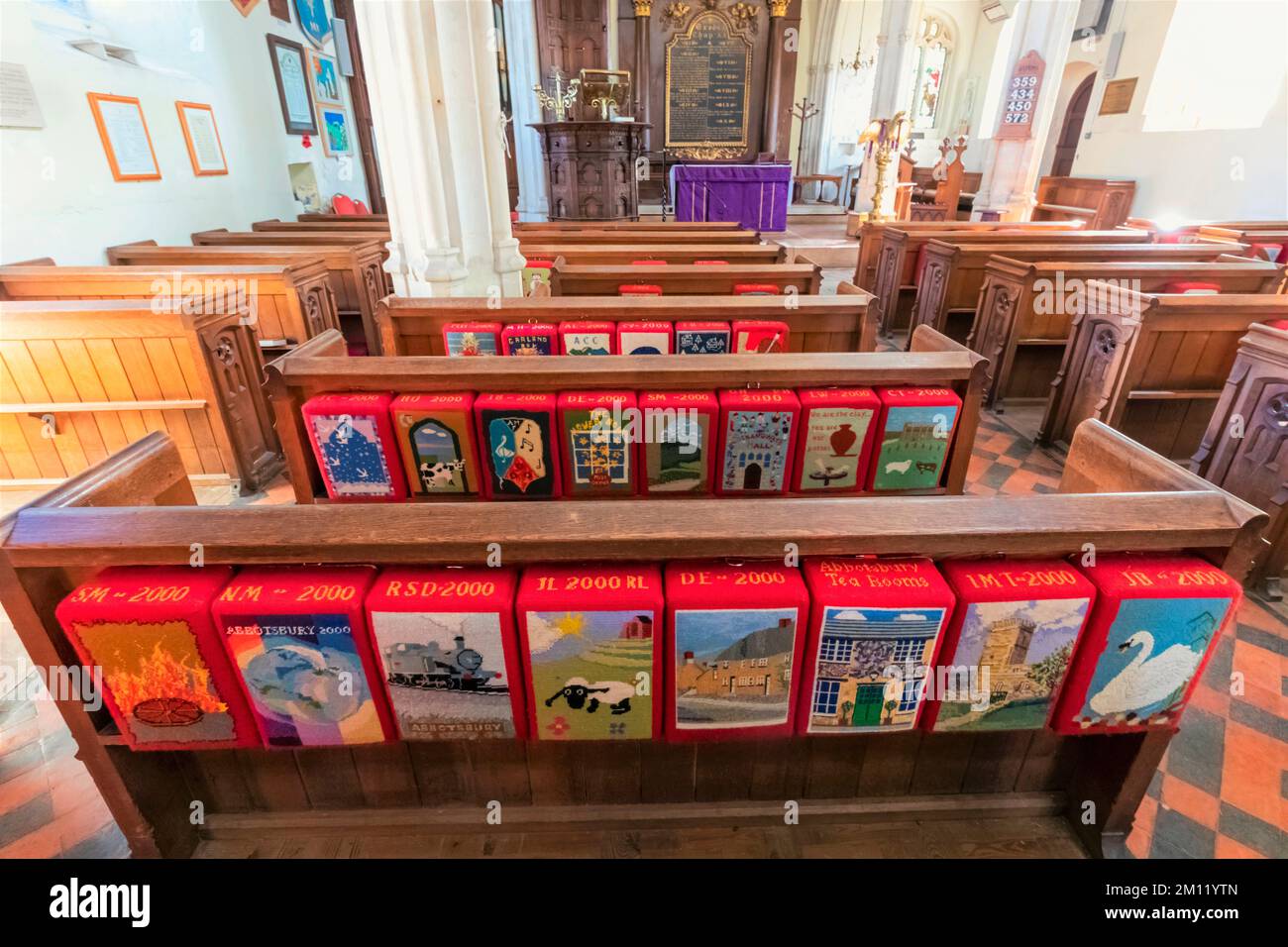 Colourful church pew kneelers depicting images of abbotsbury hi-res ...