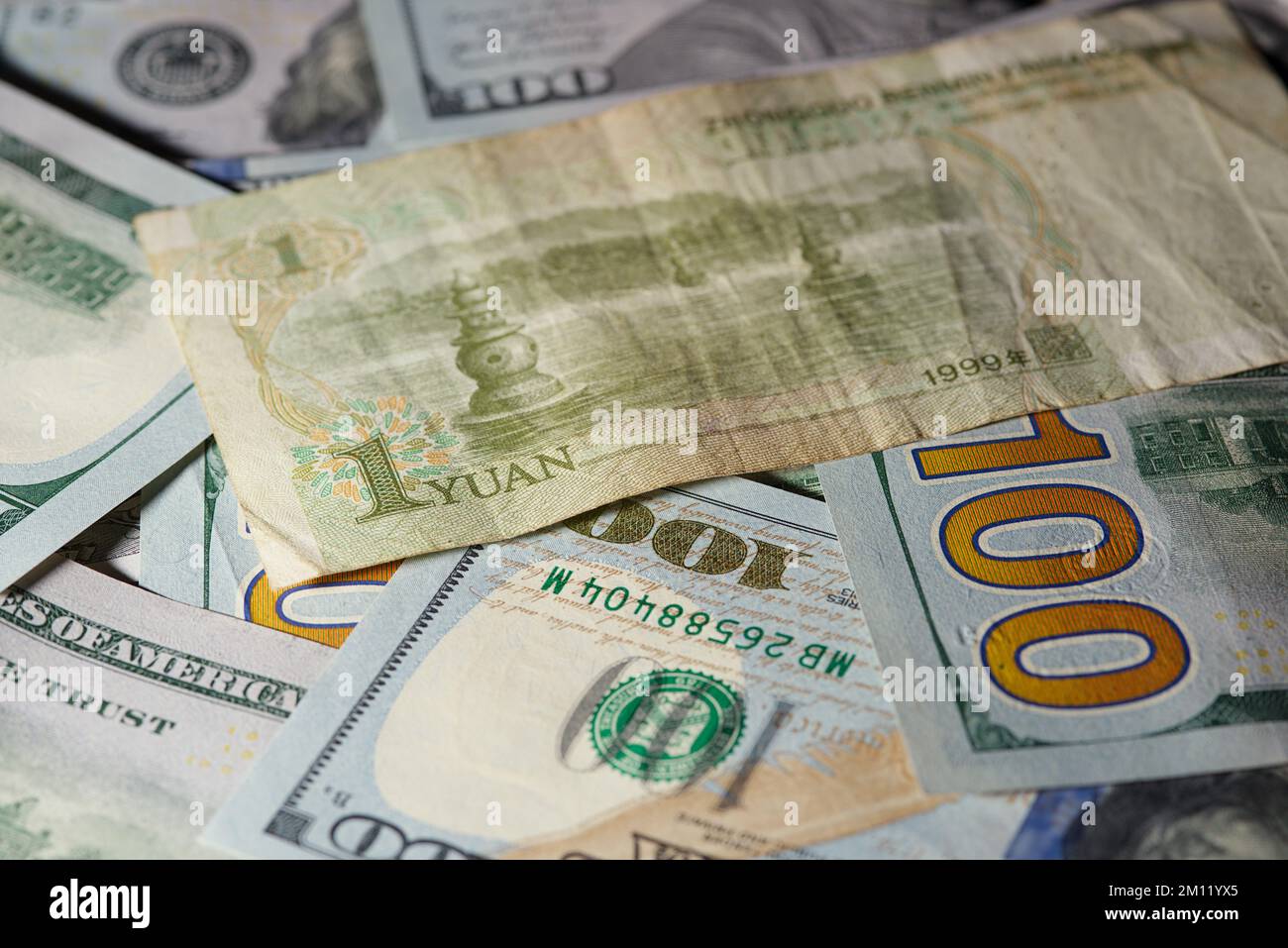 One Chinese yuan bank note on USA dollars background Stock Photo - Alamy