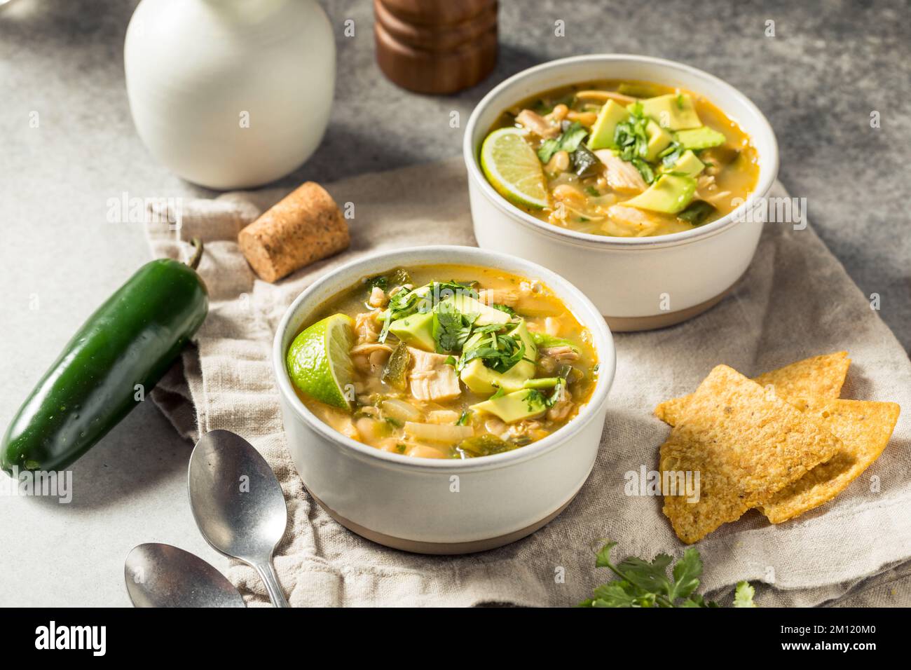 Homemade White Chicken Chili con Carne with Tortilla Chips Stock Photo ...