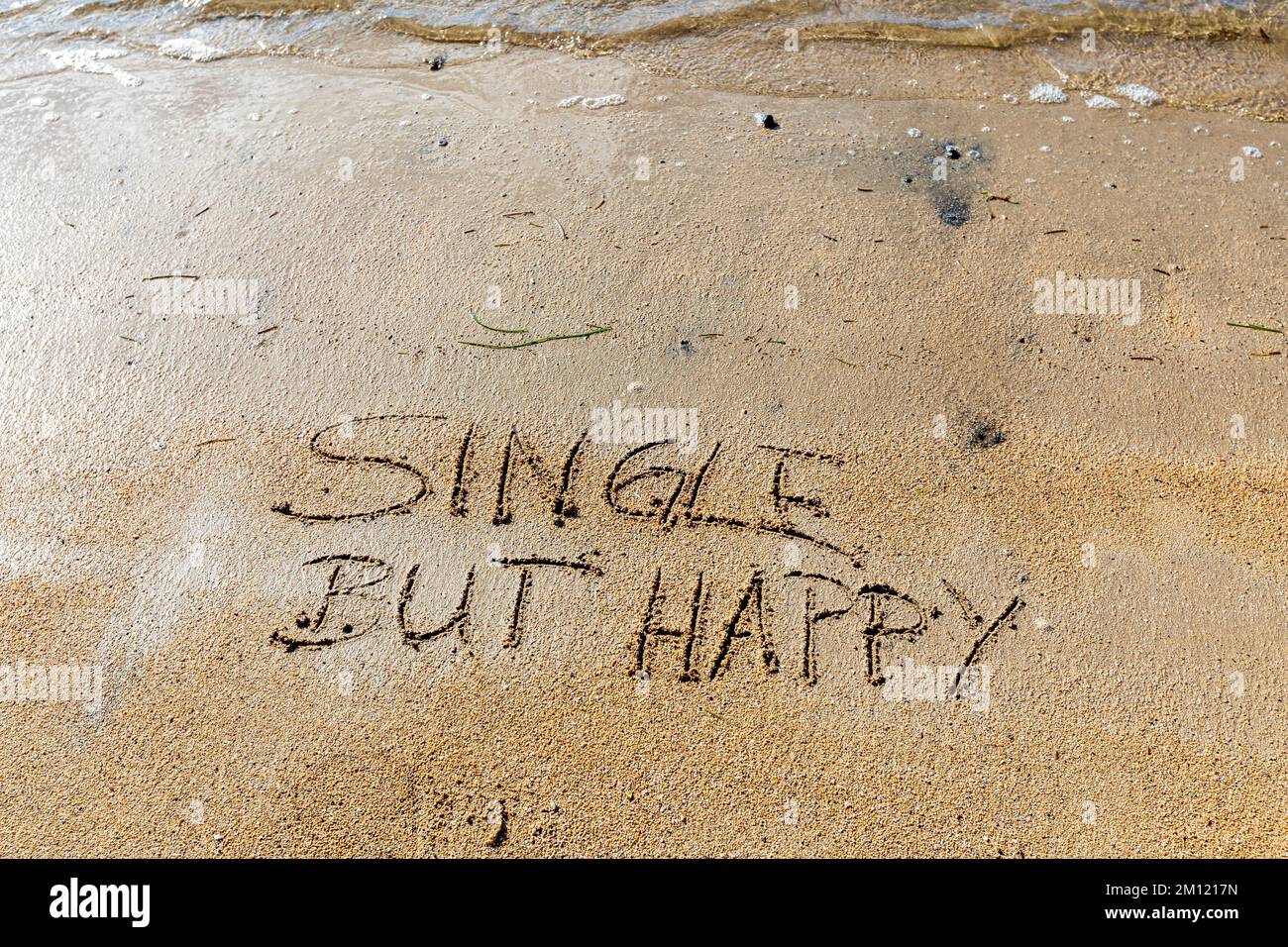Single but happy message written with a finger in the sand on a beach ...
