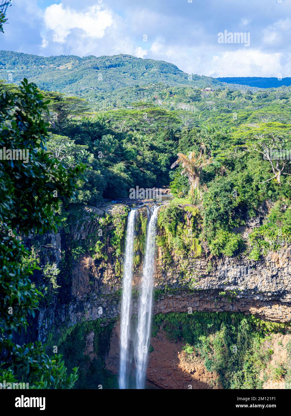 Aerial top view perspective of Chamarel Waterfall in the tropical ...