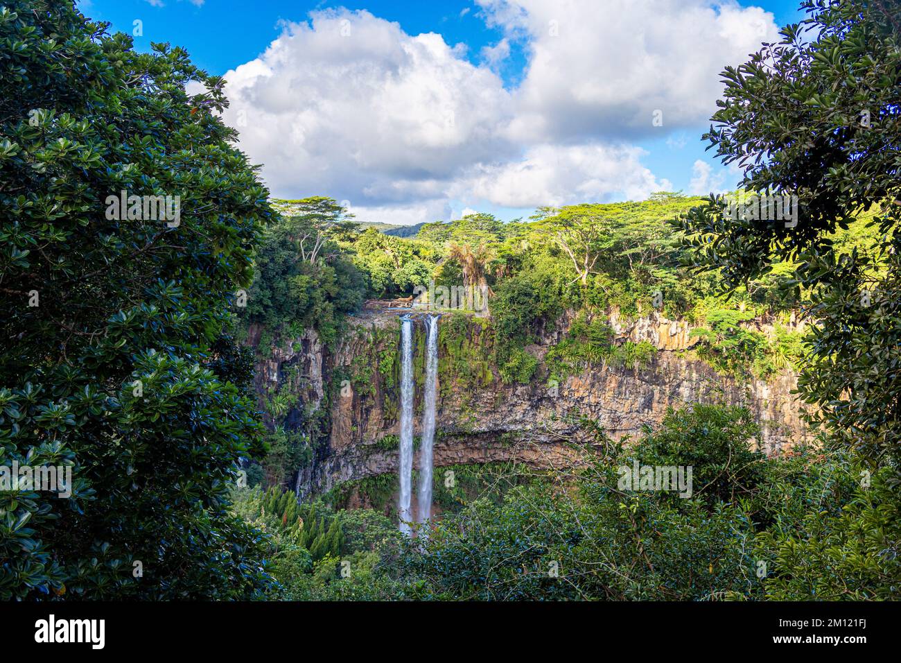 Aerial top view perspective of Chamarel Waterfall in the tropical ...