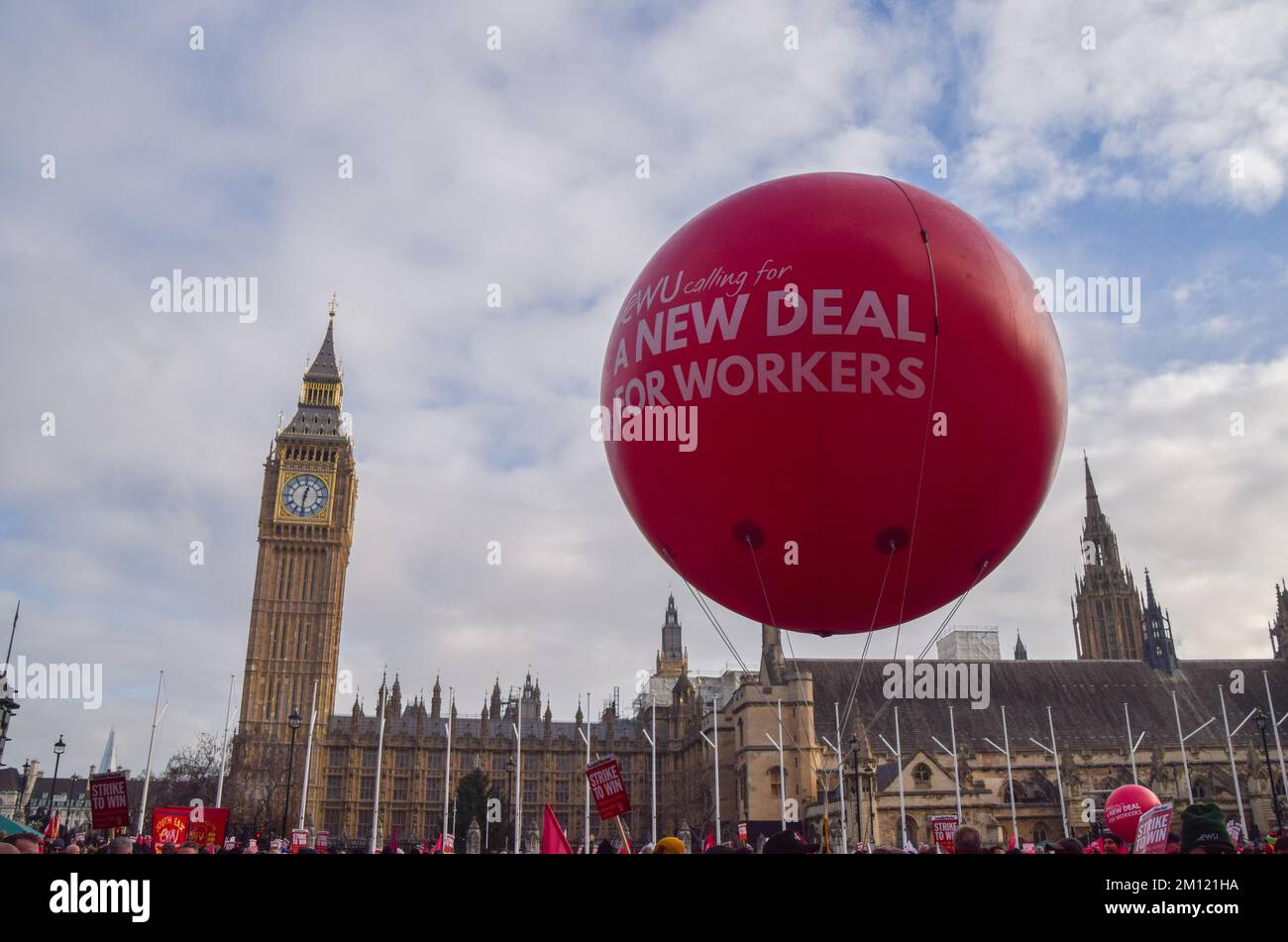 A CWU balloon with the slogan 'A new deal for workers' is seen during ...